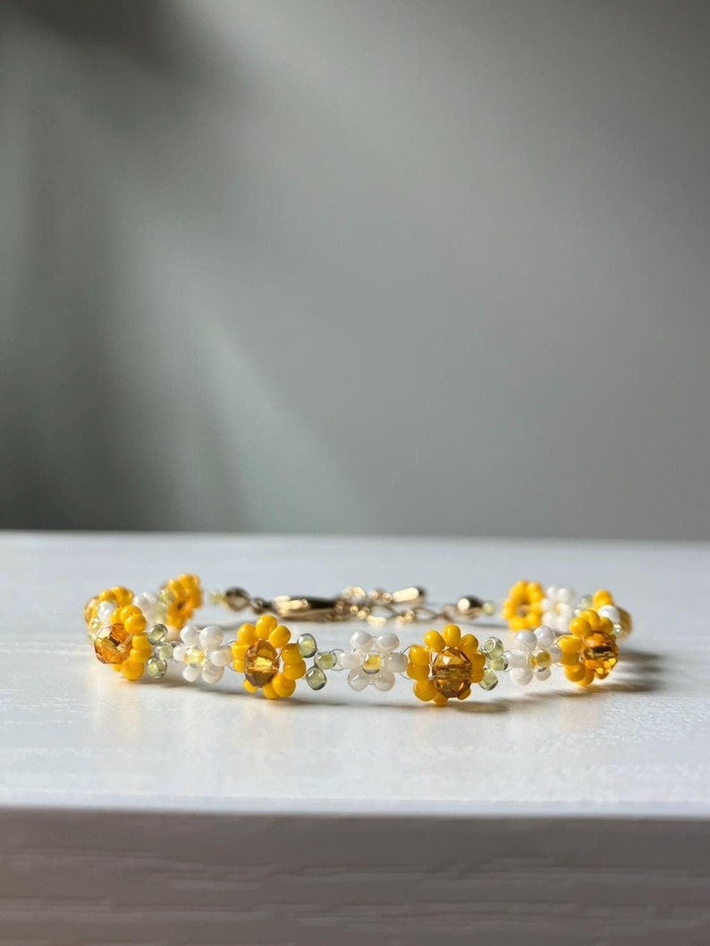 Sunflower Daisy Bracelet, Beaded Flower Bracelet, Dainty Floral ...