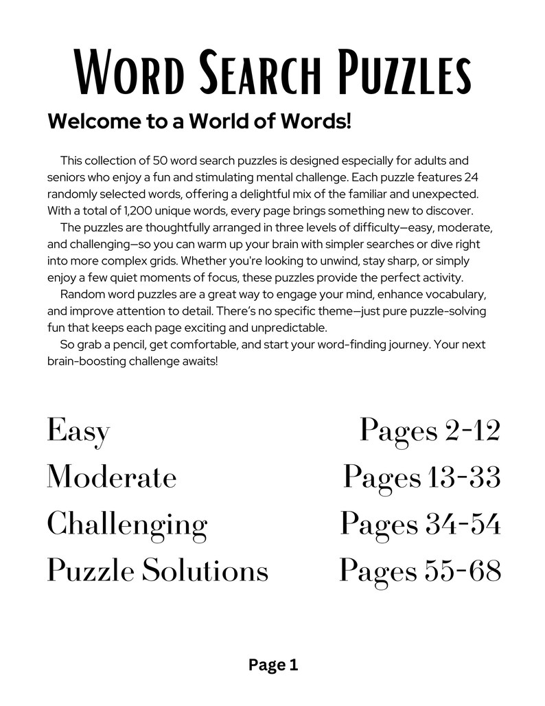 50 Random Word Search Puzzles for Adults & Seniors -- Digital Download ...