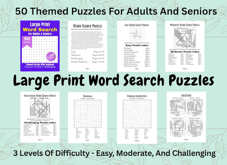 50 Word Search Puzzles for Adults & Seniors -- Digital Download - Etsy