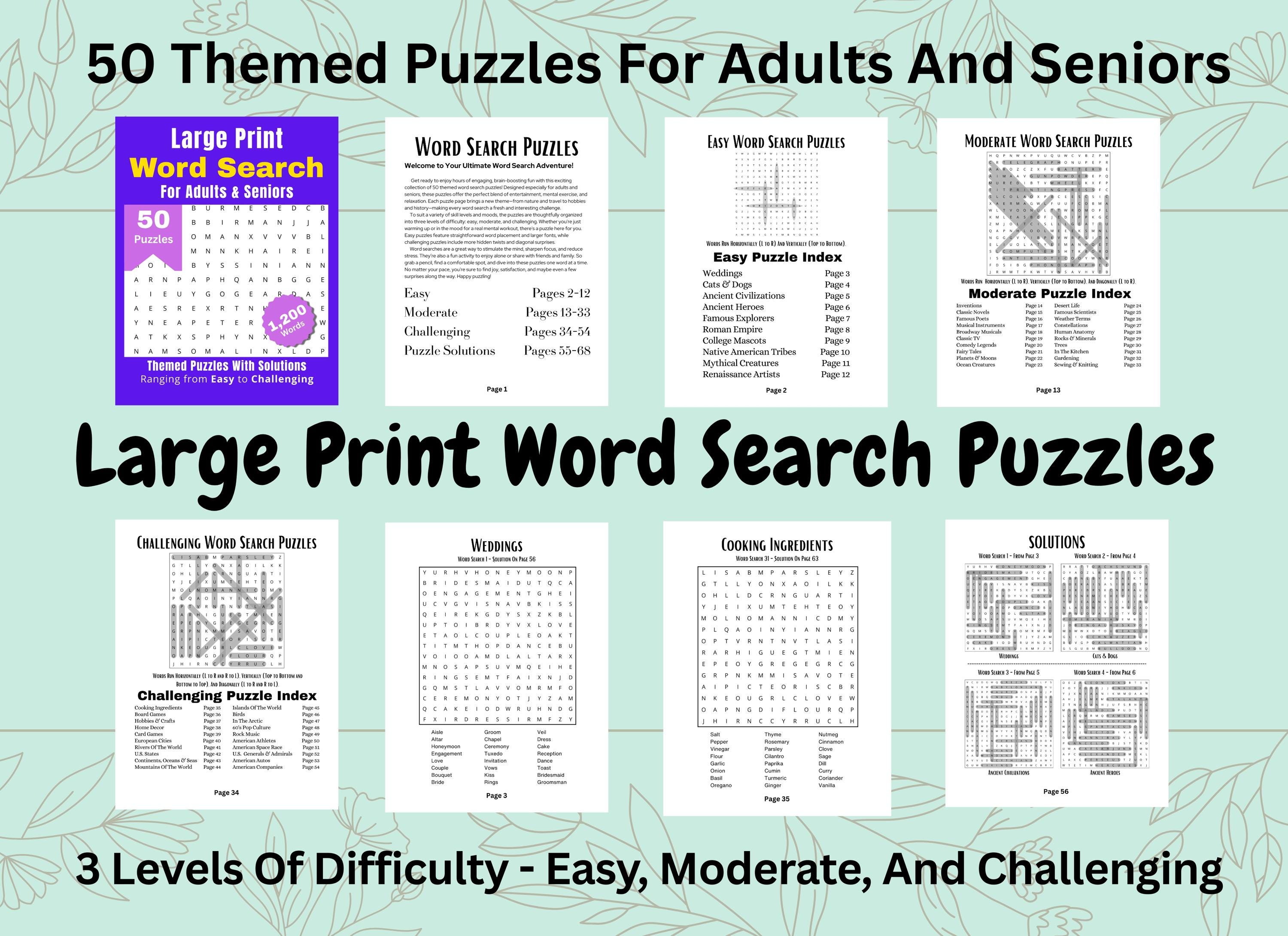 50 Word Search Puzzles for Adults & Seniors -- Digital Download - Etsy