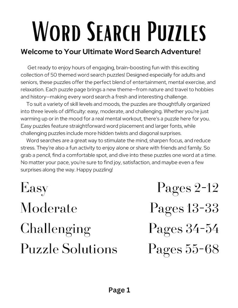50 Word Search Puzzles for Adults & Seniors -- Digital Download - Etsy