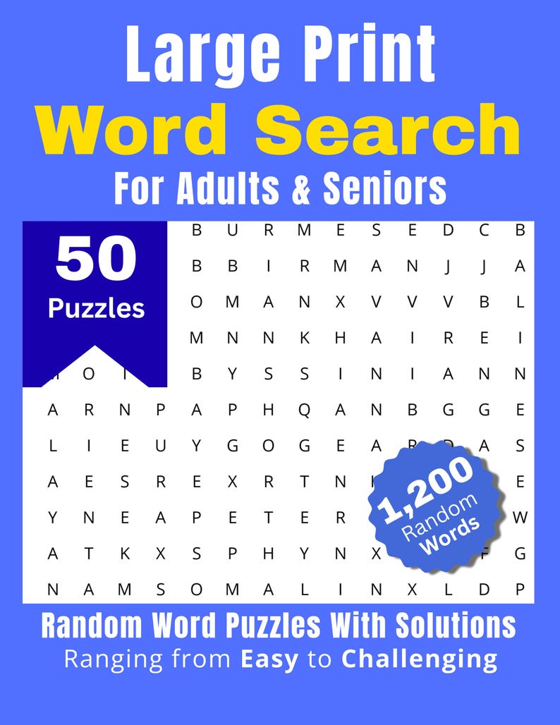 50 Random Word Search Puzzles for Adults & Seniors -- Digital Download ...