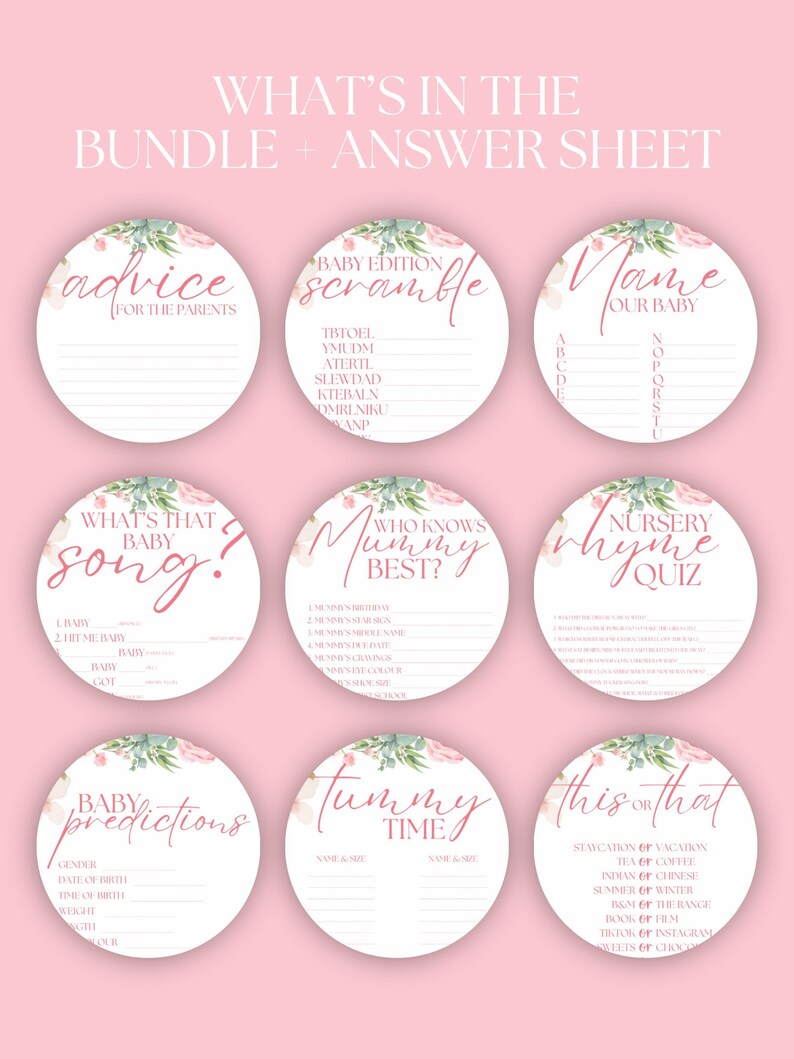 Pink Baby Shower Games Bundle Digital Watercolour Floral Design ...