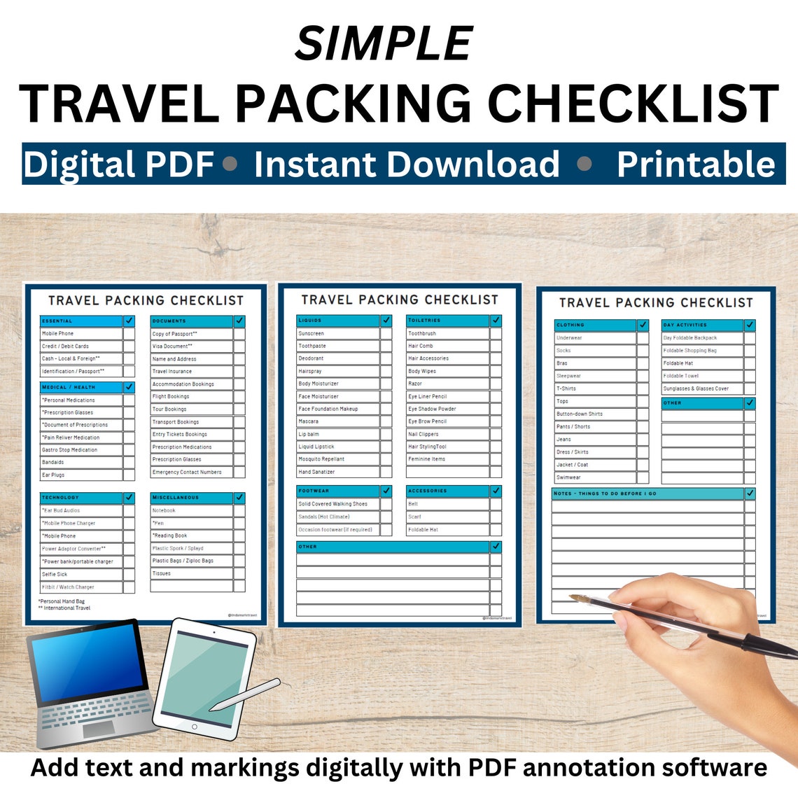 Simple Travel Packing Checklist | PDF Printable Travel Checklist ...