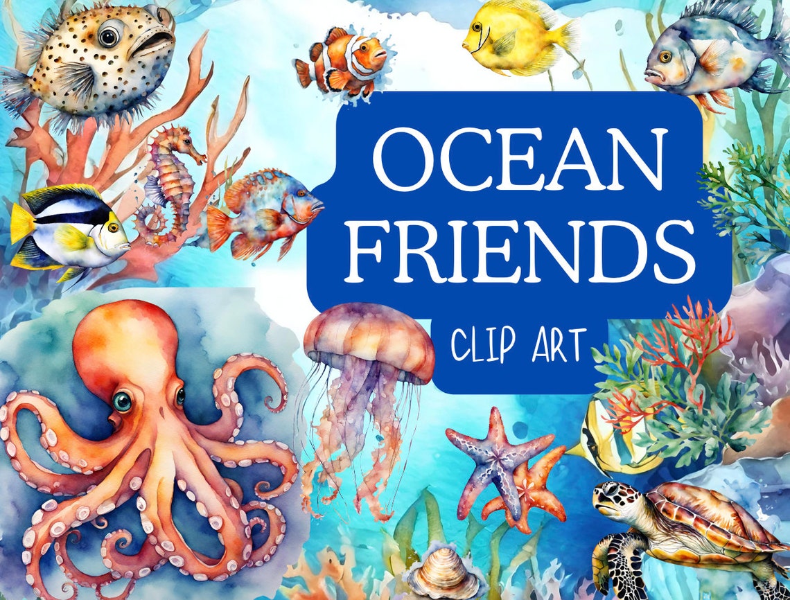 Ocean Friends: Whimsical Watercolor Sea Life Clip Art Set Instant ...
