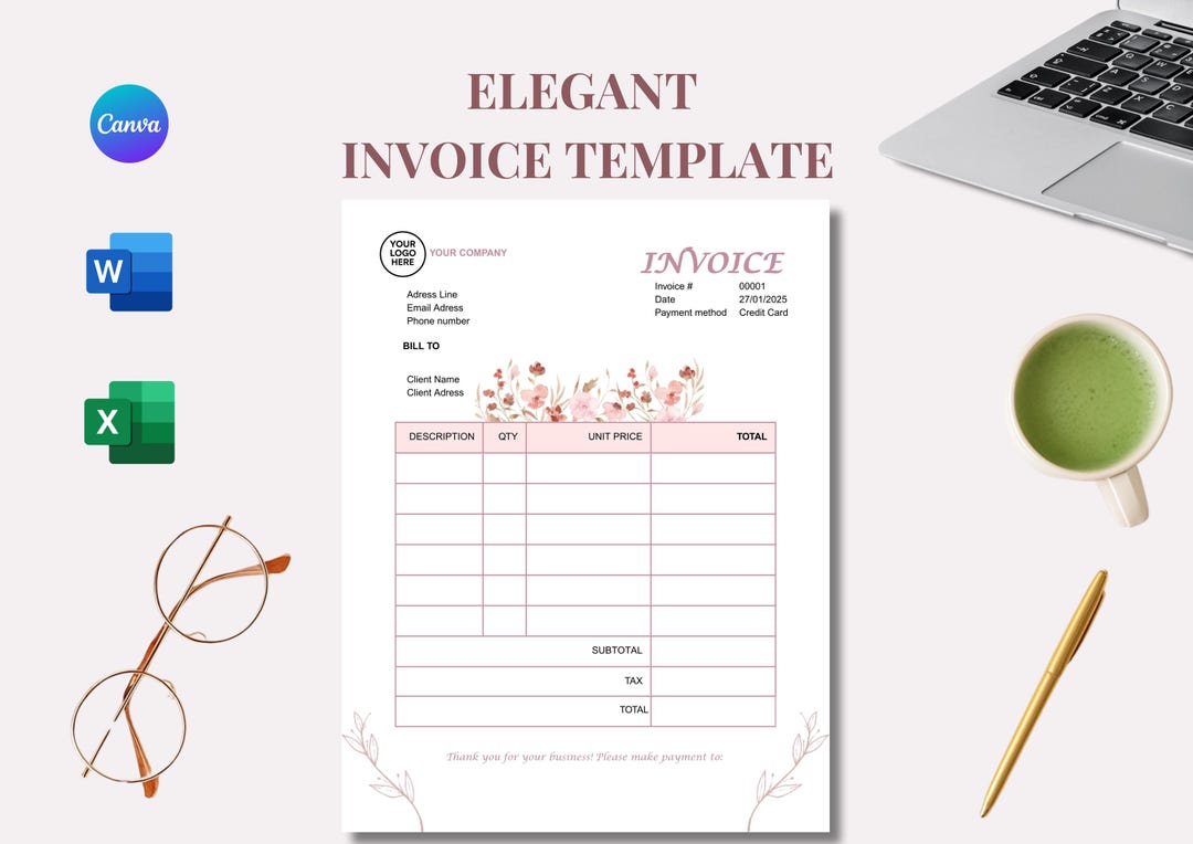 Editable Invoice Template - Printable Floral Invoice for Small Business ...
