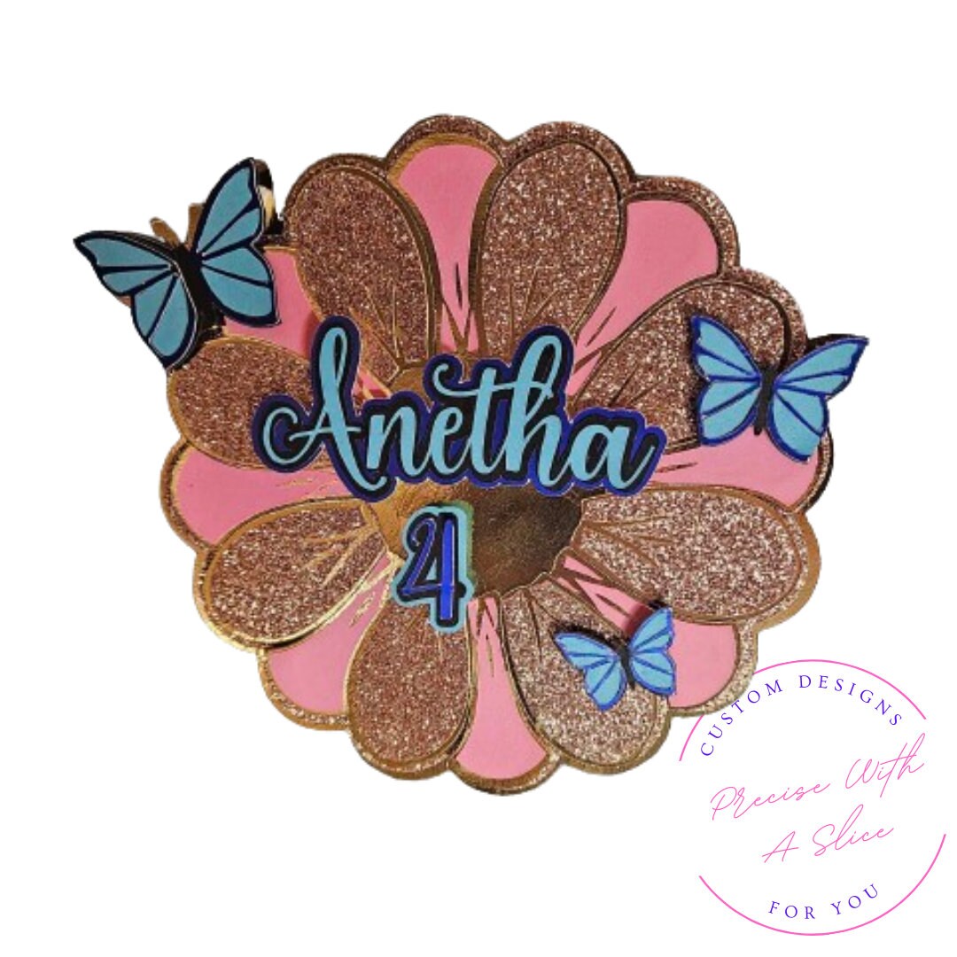 Flower Shaped Cake Topper | Pink & Rose Gold Petals With Blue ...