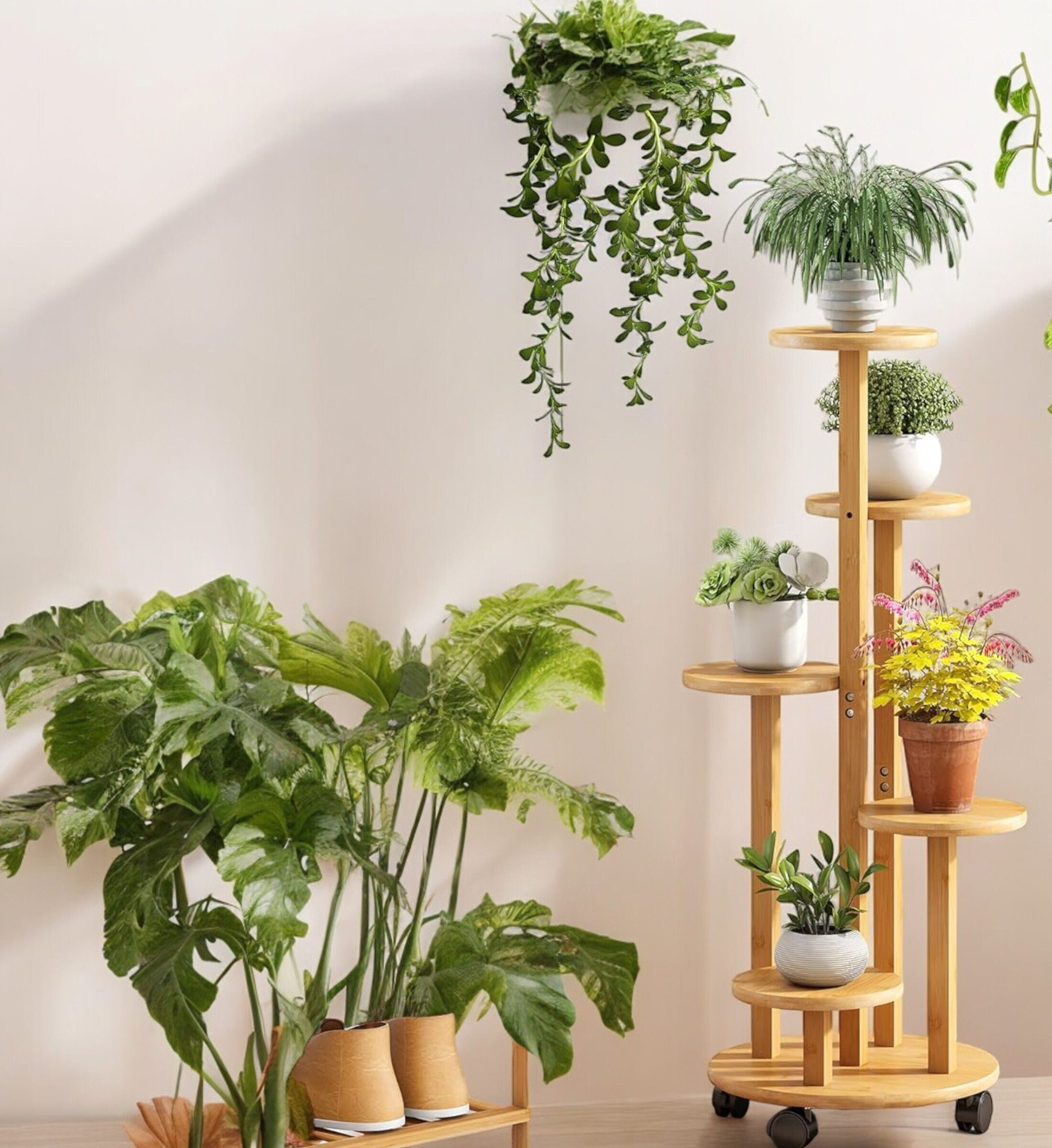 5 Tier Moveable Plant Stand for Indoor Tall Bamboo Flower Stand With ...