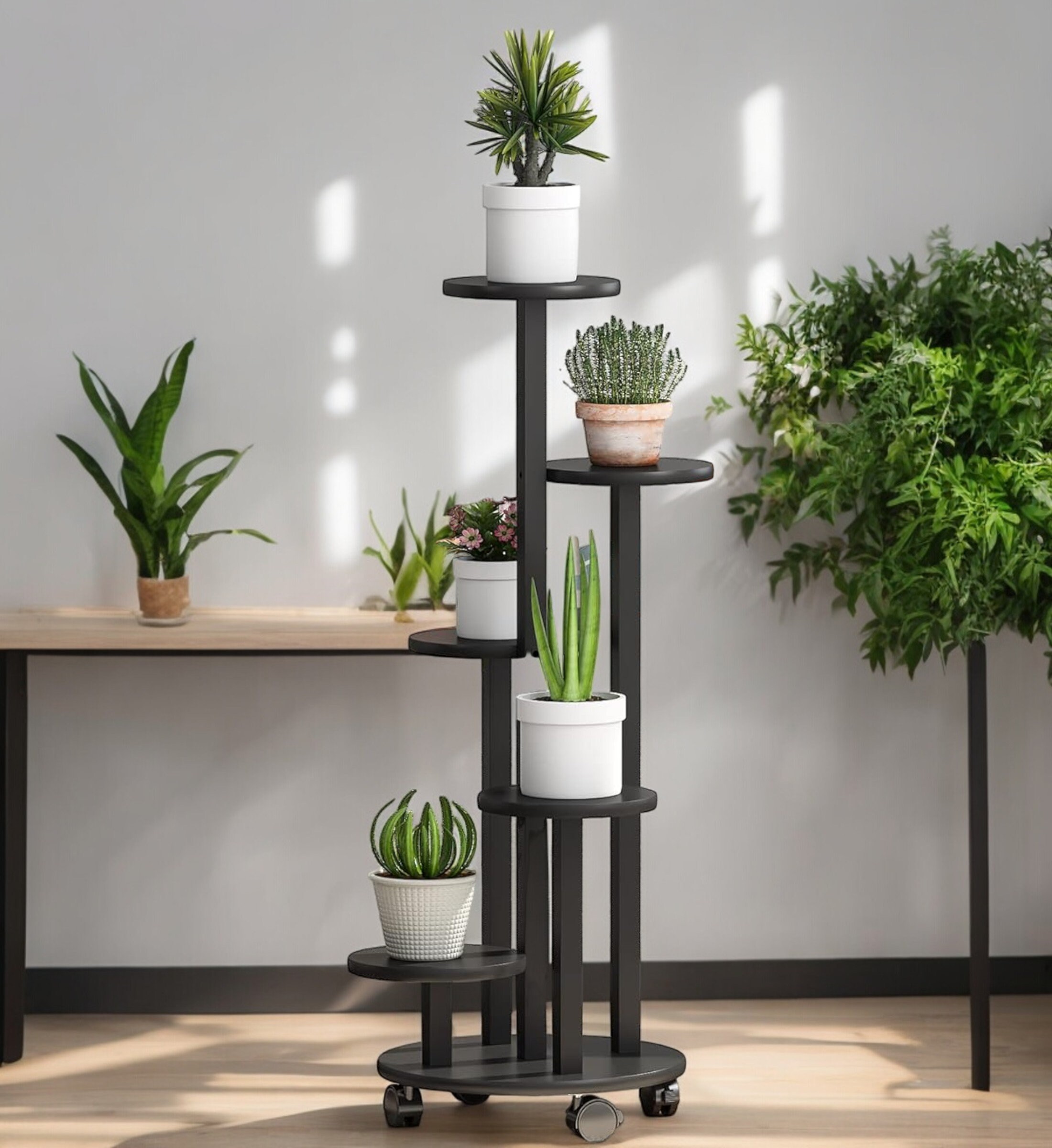 5 Tier Moveable Plant Stand for Indoor Tall Bamboo Flower Stand With ...