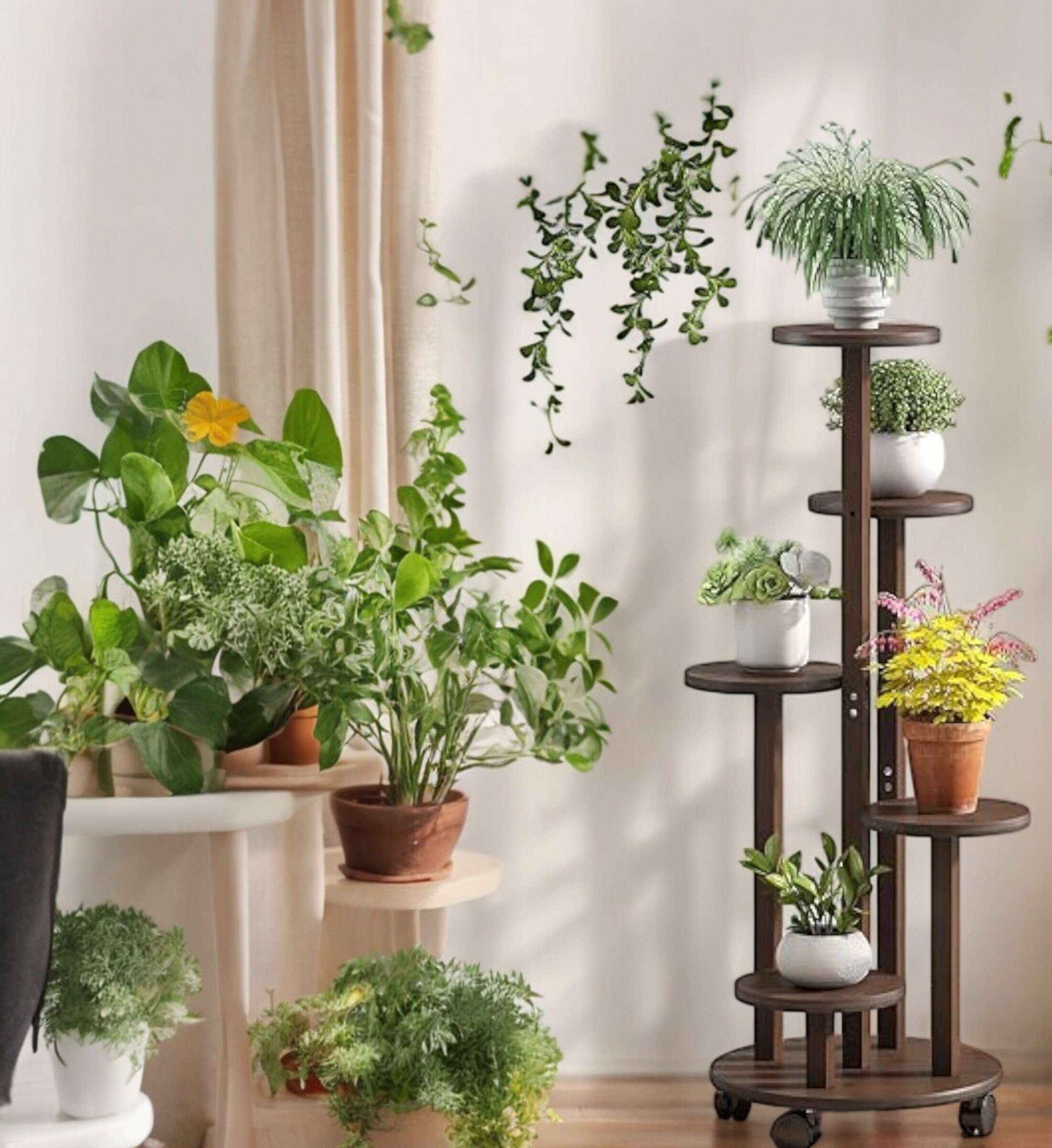 5 Tier Moveable Plant Stand for Indoor Tall Bamboo Flower Stand With ...