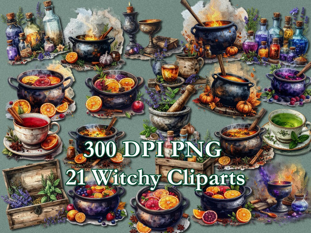 Witchy Clipart Set, Cauldron & Potion Illustrations, Witch Stickers PNG ...