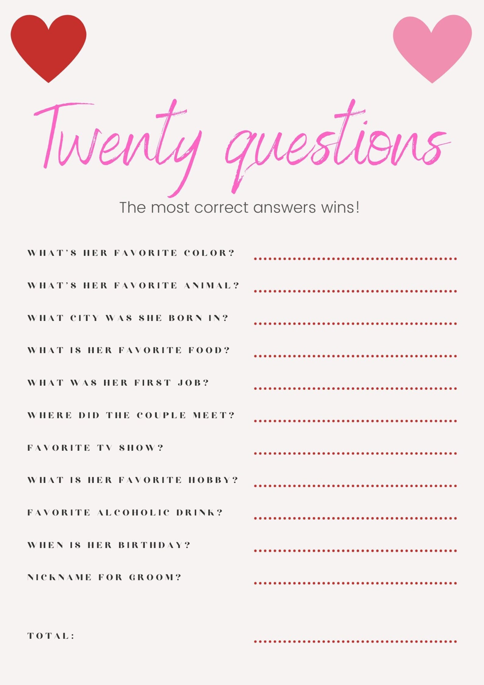 Twenty Questions Bridal Shower Game - Minimalist Design - PDF Printable ...