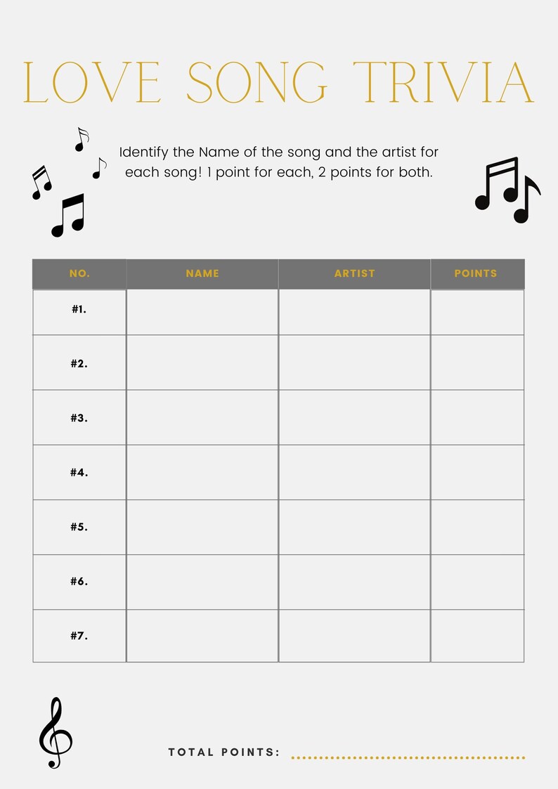 Love Song Trivia Bridal Shower Game Minimalist Design PDF Printable ...