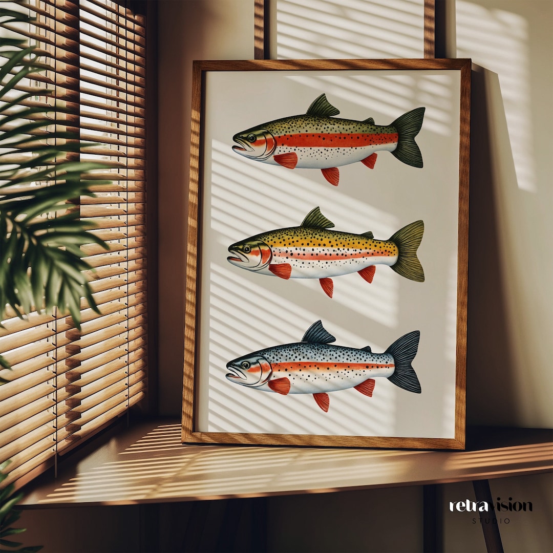 Retro Minimalist Trout Print | Classic Fish Print | Angler Wall Art ...