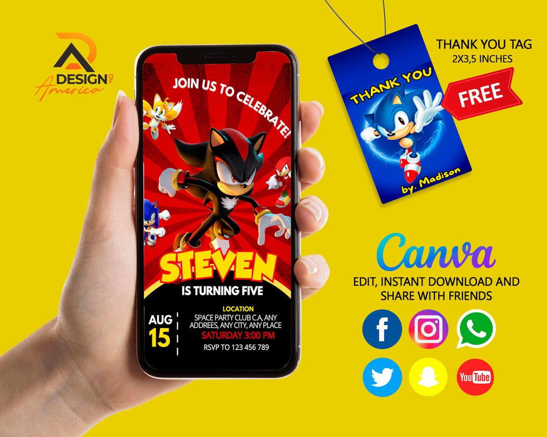 Editable Mobile Sonic Shadow Birthday Invitation Template, Birthday ...