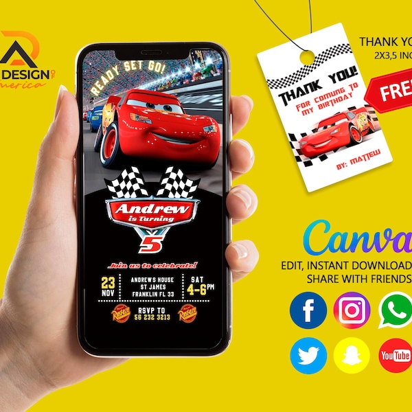 Cars Birthday Invitation Kids Birthday Mobile Invite Lightning Mcqueen ...