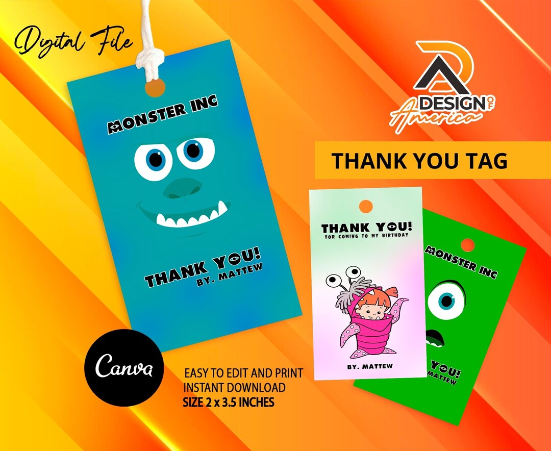 Editable Monster INC Favor Tag | Printable Birthday Gift Tag | Kids ...