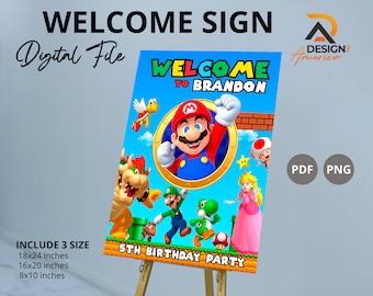 Super Mario Birthday Welcome Sign Boy Mario Bros Birthday Party ...