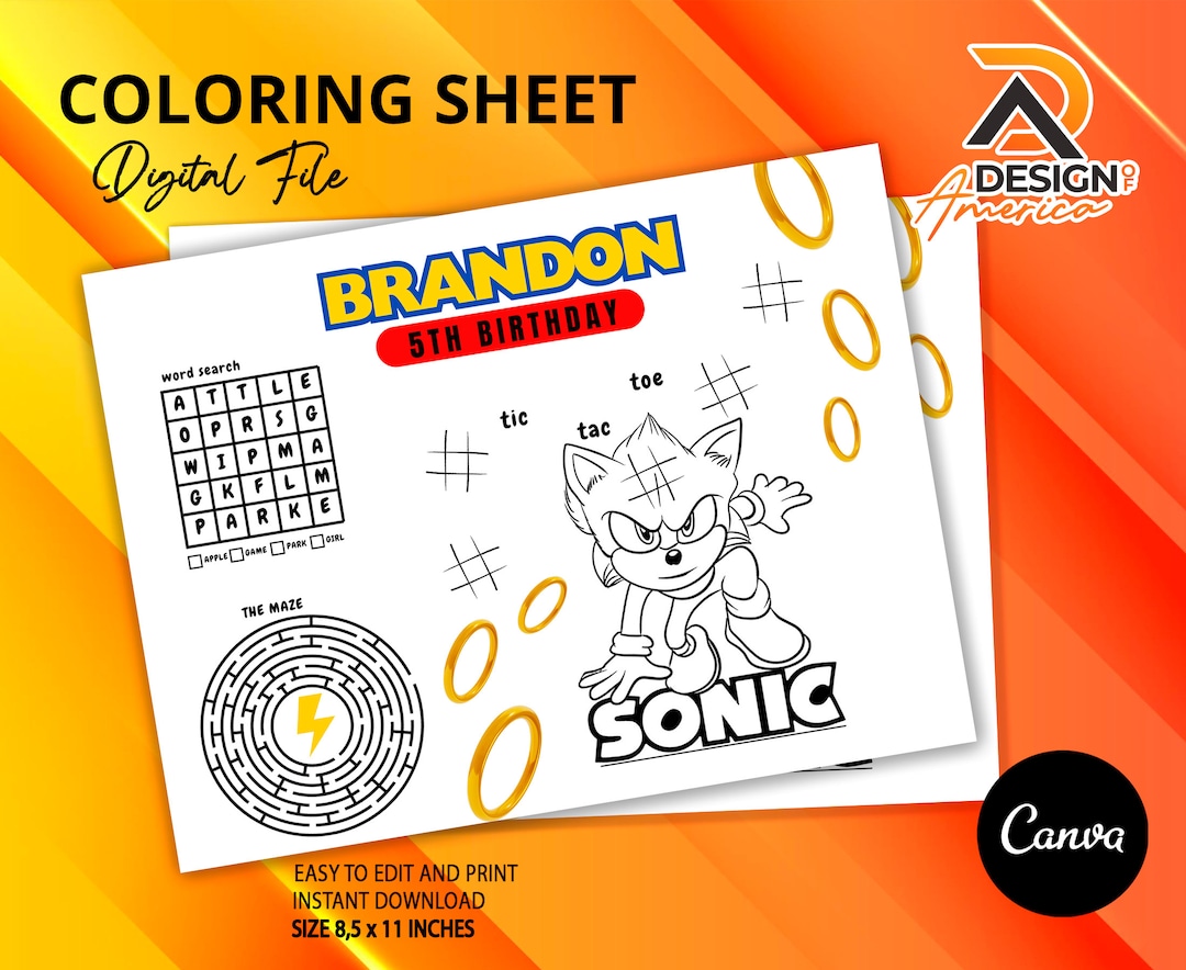 Sonic- Sonic Coloring Sheet - Party Activity - Birthday - Printable ...