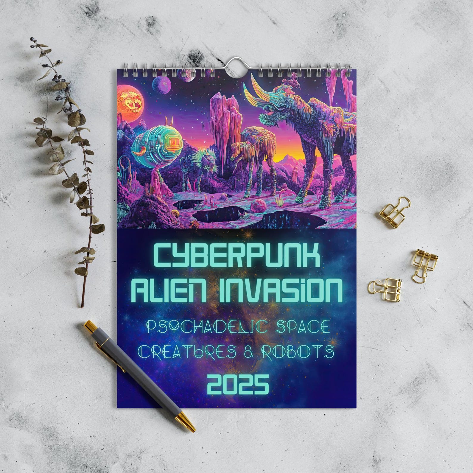 Psychedelic Cyberpunk Alien Beasts Animal Hanging Wall Calendar 2025 ...