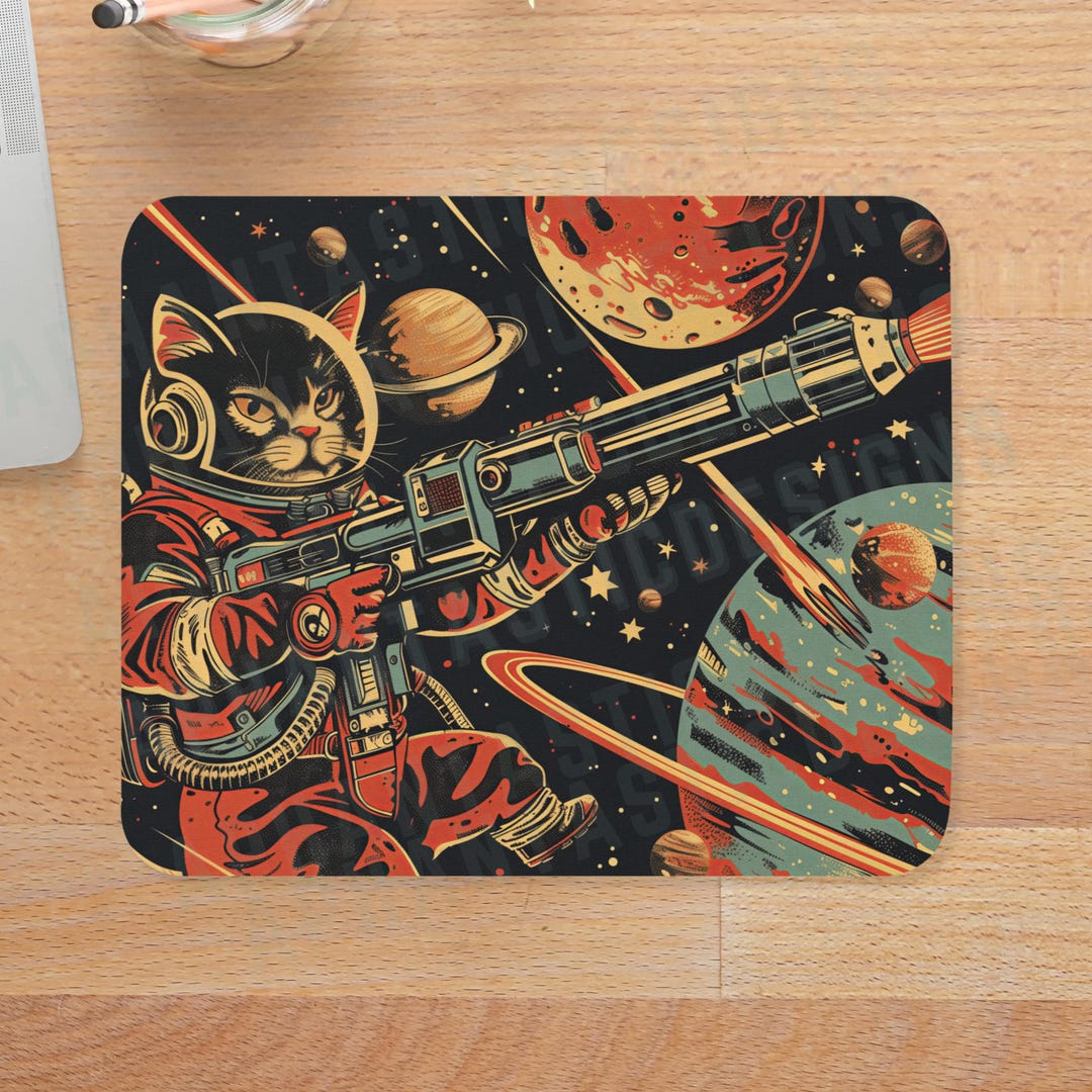 Astronaut Space Cat Laser Battle Mouse Pad Retro Style Sci-fi Scifi ...