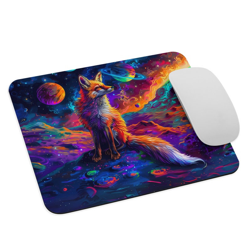 Rainbow Space Red Fox Mouse Pad, Cyberpunk Sci-fi, Scifi Fantasy Art Weird Galaxy Universe Gamer ...