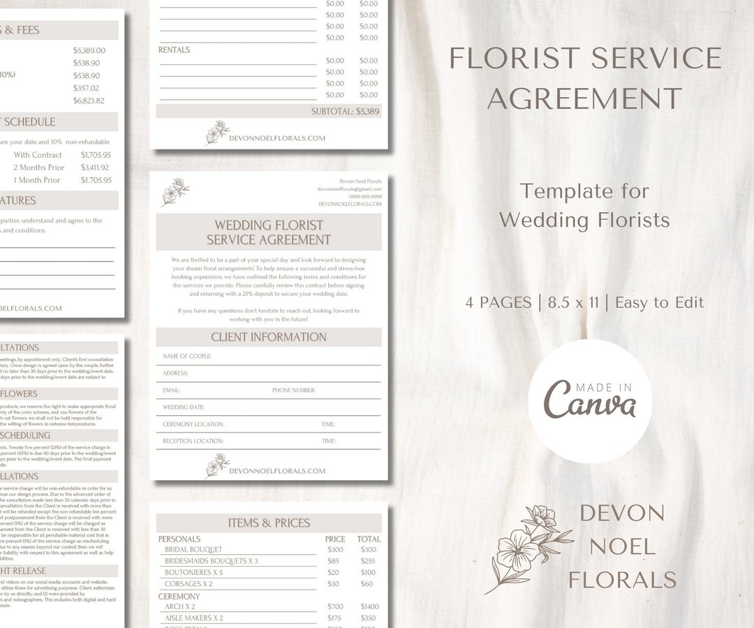 Florist Service Agreement, Wedding Florist Contract, Floral Agreement ...