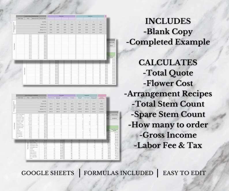 Wedding Florist All-in-one Spreadsheet: Flower Order Template (google ...