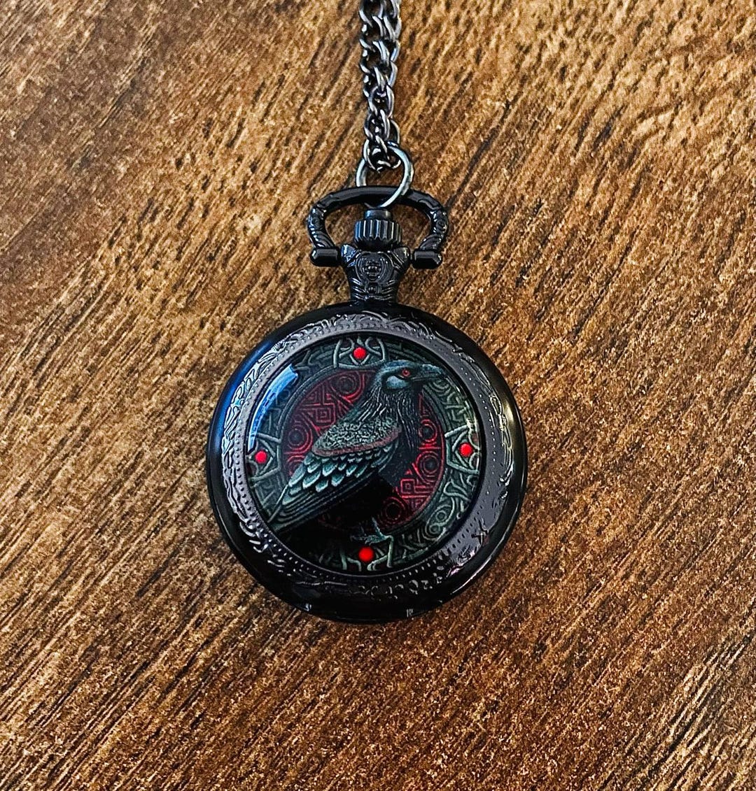 Vintage-style Clever Crow Pocket Watch, Quartz Necklace, Round Dial ...