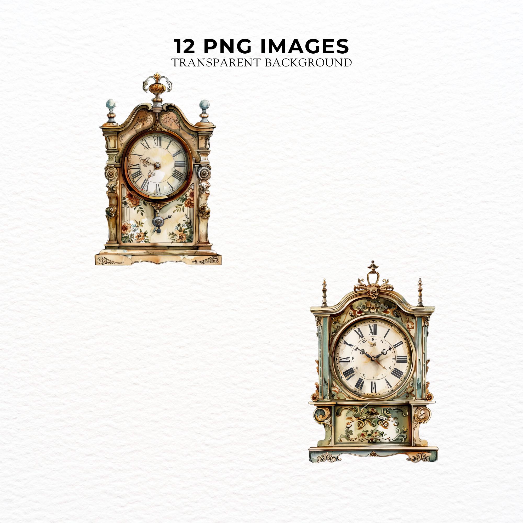 12 Vintage Clock Clipart, Vintage Clock, Printable Watercolor Clipart ...