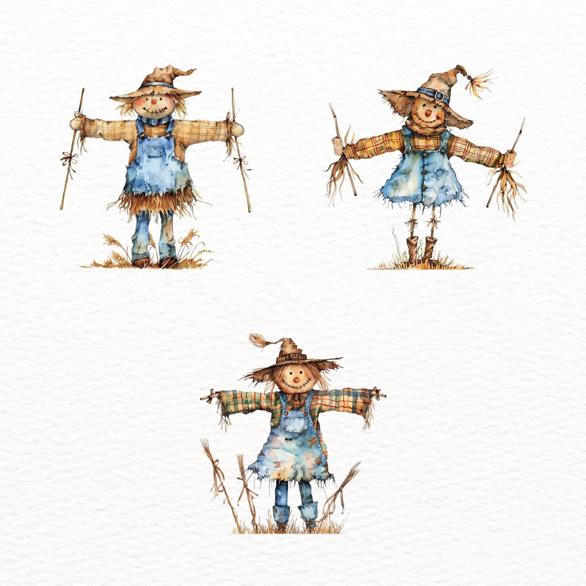 12 Scarecrow Watercolor Clipart, Cute Scarecrow Clipart, Printable ...