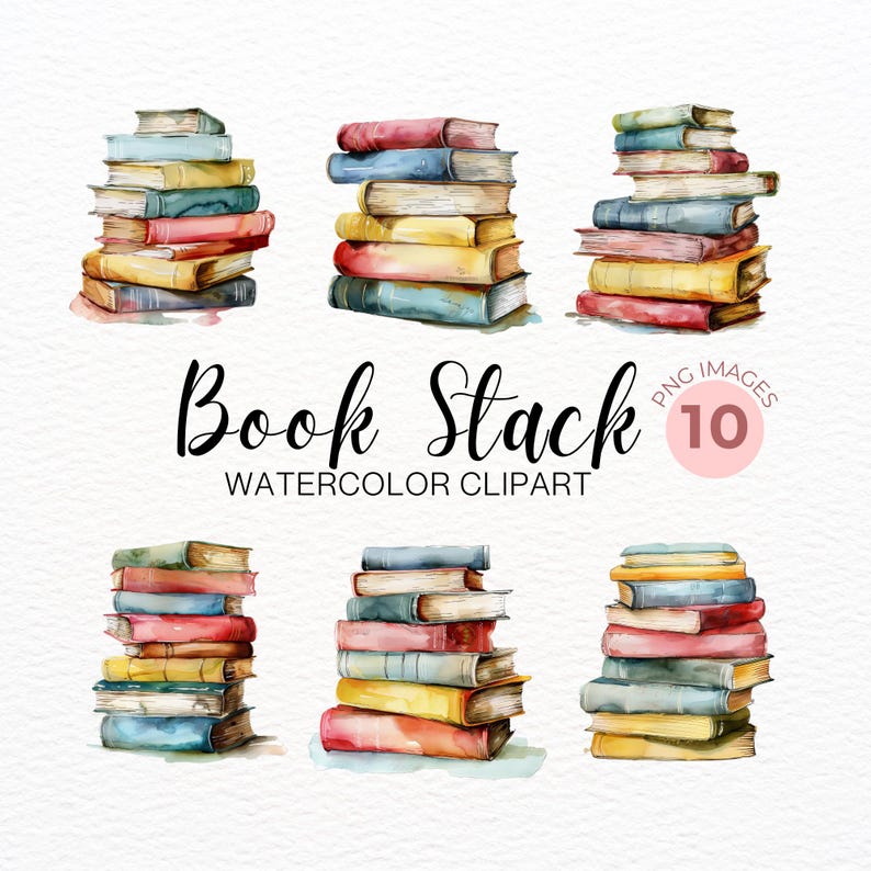 10 PNG, Watercolor Books Clipart, Watercolor Stack of Books Clipart ...
