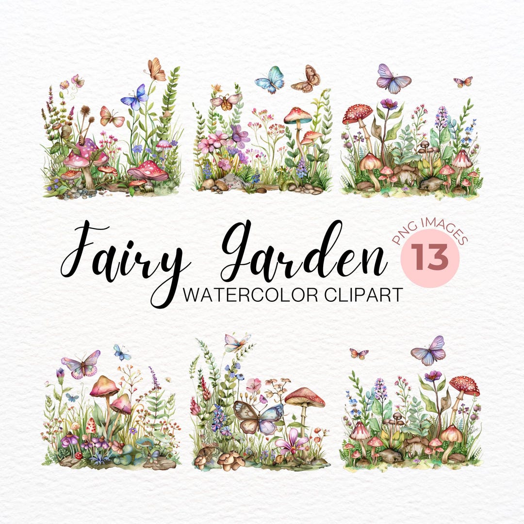 Watercolor Fairy Garden Clipart, Cute Fairy Garden Clipart, Printable ...