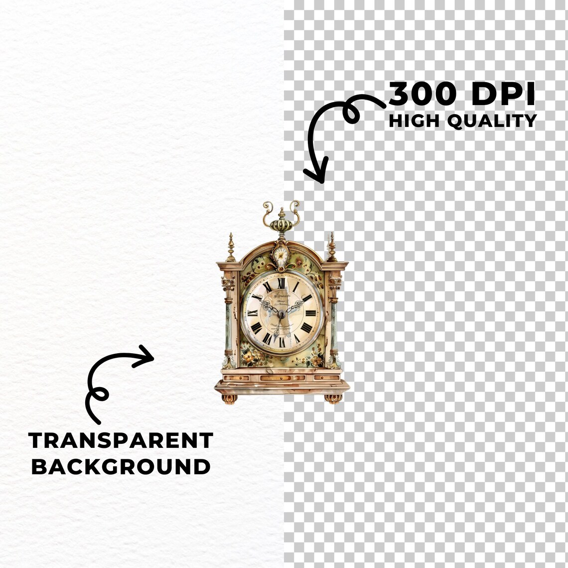 12 Vintage Clock Clipart, Vintage Clock, Printable Watercolor Clipart ...