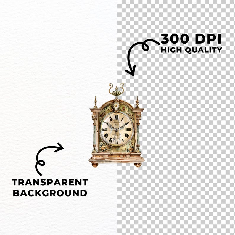 12 Vintage Clock Clipart, Vintage Clock, Printable Watercolor Clipart ...