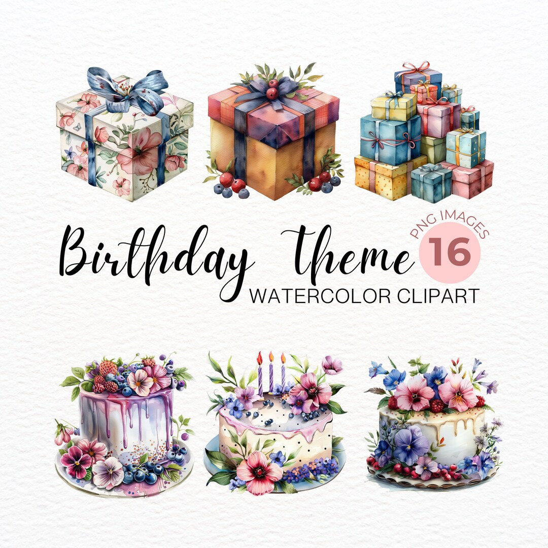 Watercolor Birthday Party Cake Present Balloons Clipart, Birthday Party ...