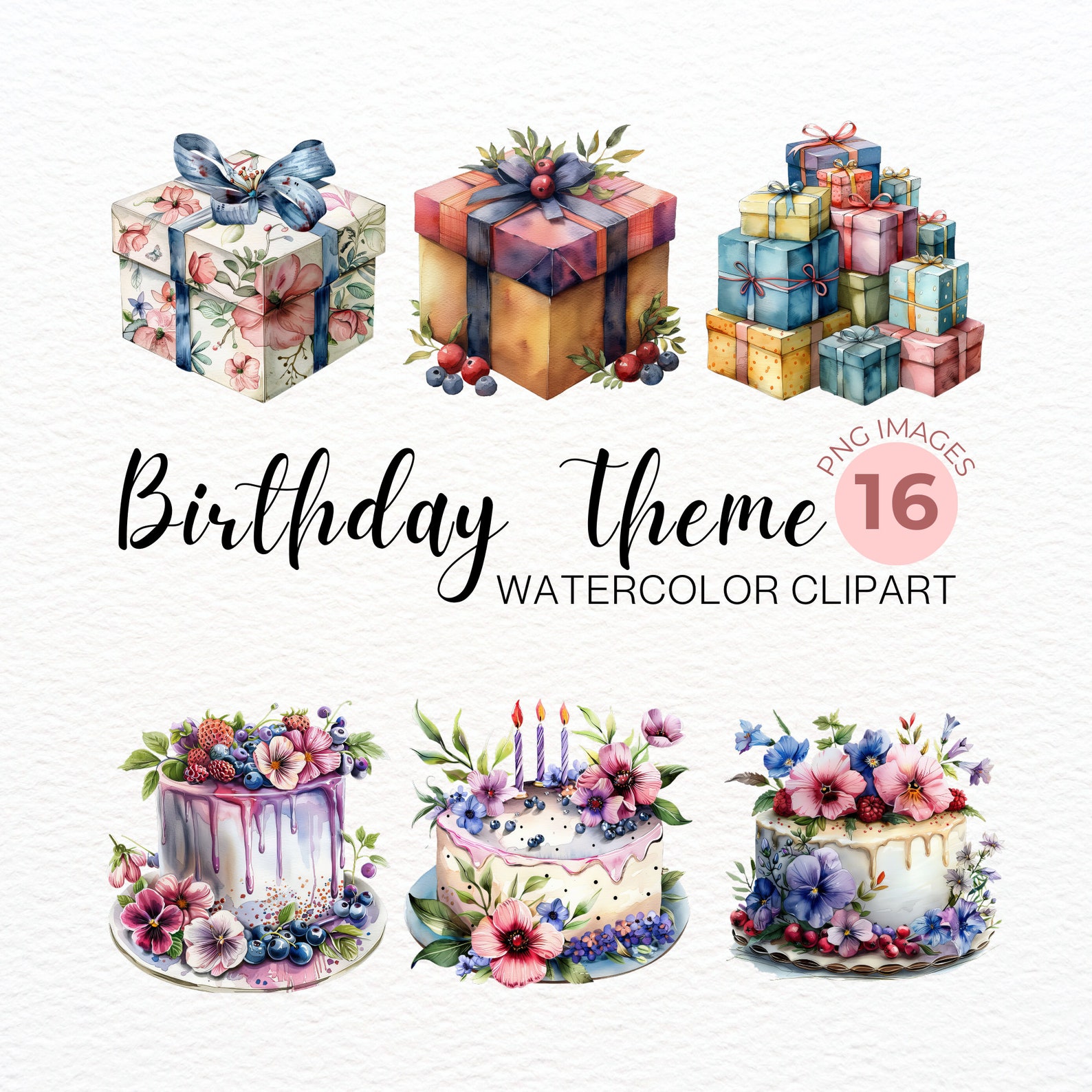 Watercolor Birthday Party Cake Present Balloons Clipart, Birthday Party ...