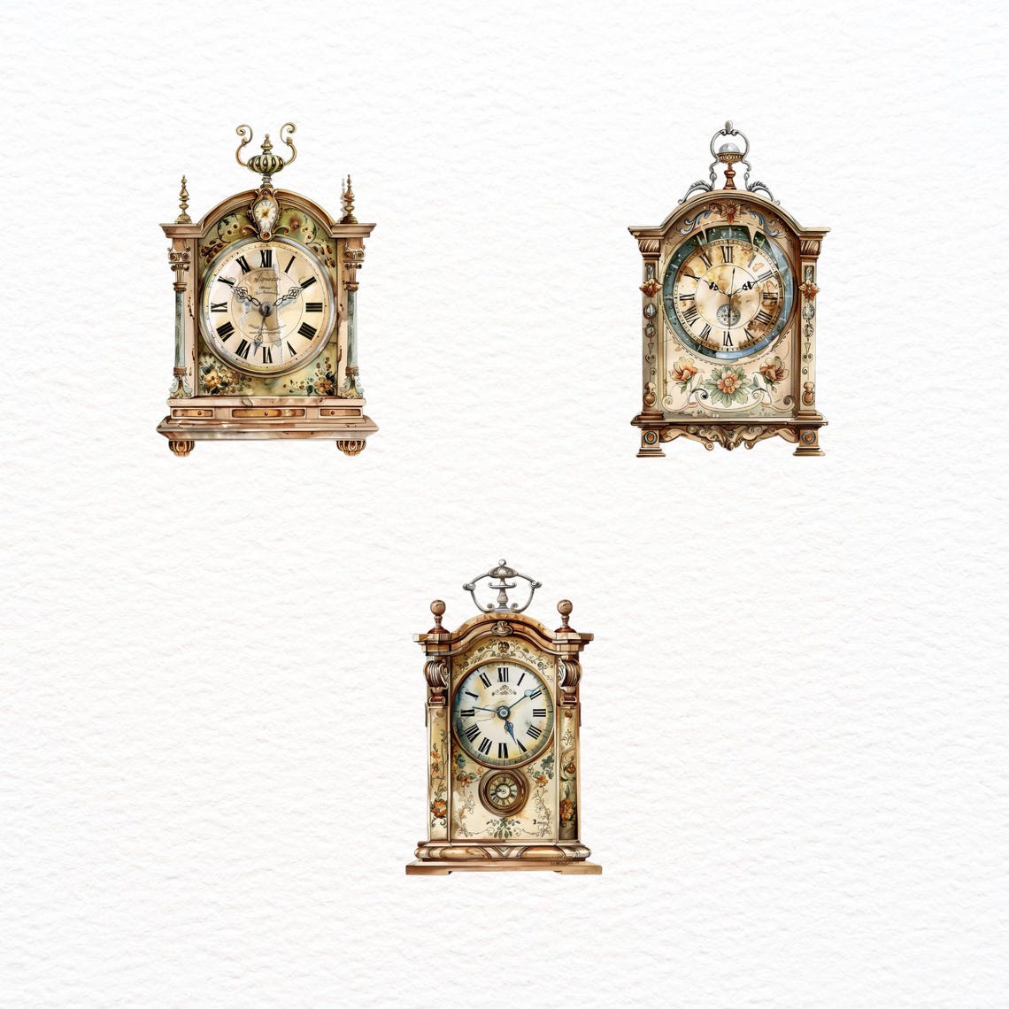 12 Vintage Clock Clipart, Vintage Clock, Printable Watercolor Clipart ...