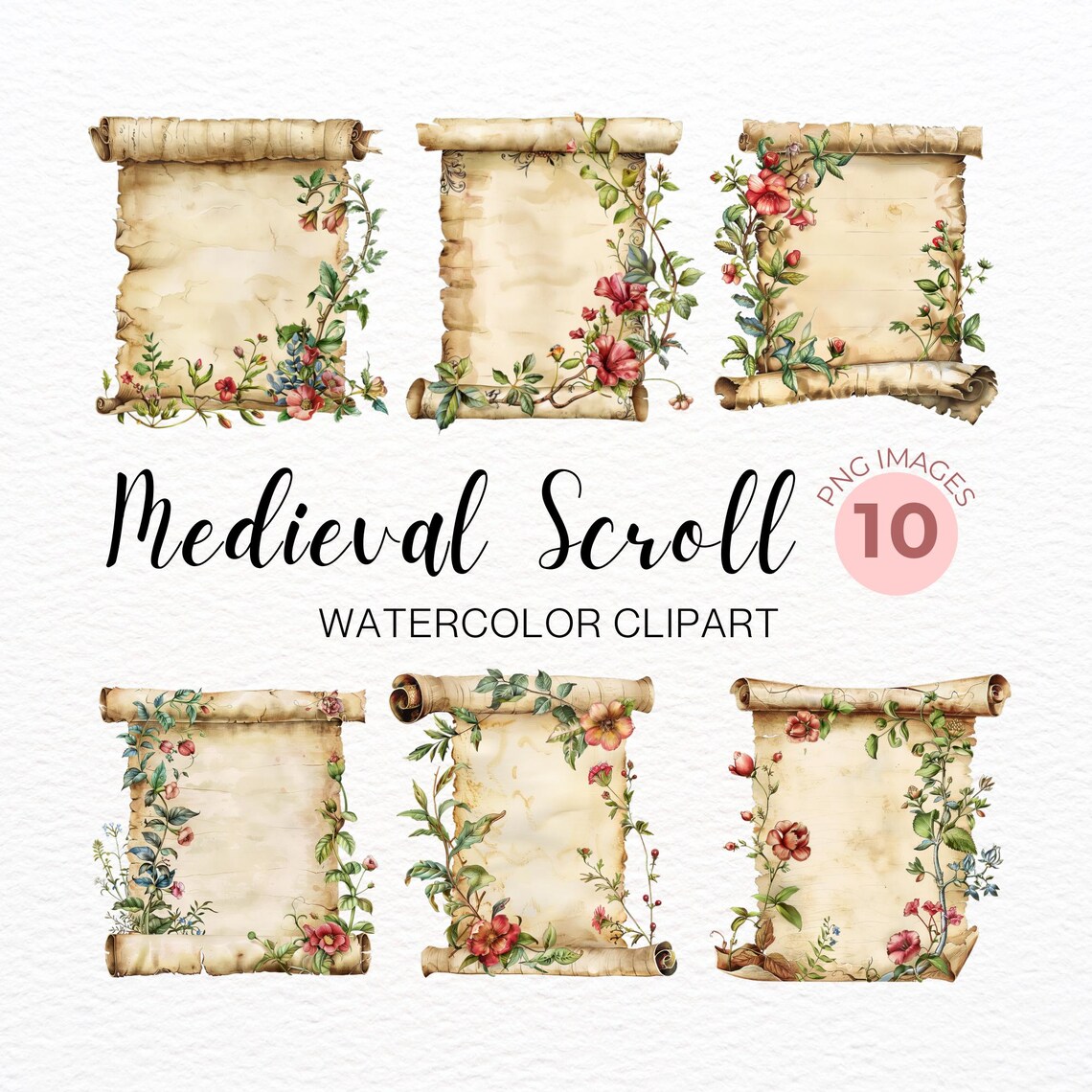 10 Medieval Scroll Clipart, Vintage Scroll, Printable Watercolor ...
