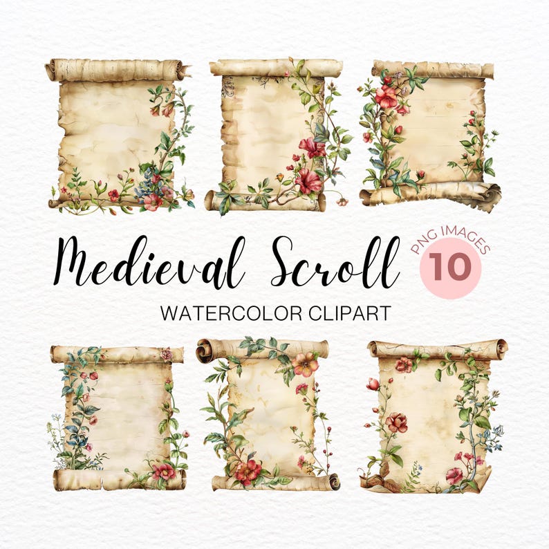 10 Medieval Scroll Clipart, Vintage Scroll, Printable Watercolor ...