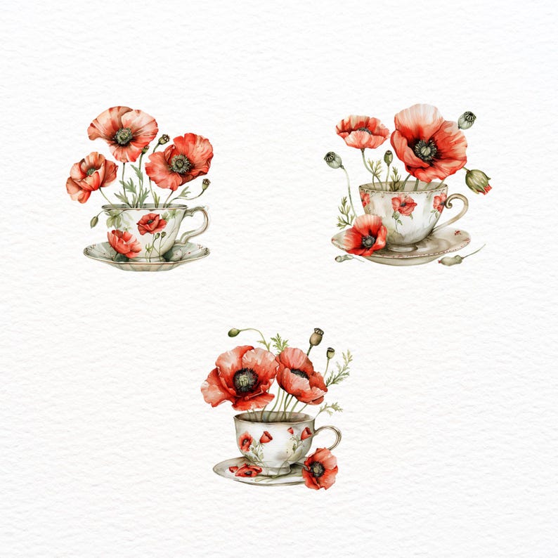 11 Poppies in Tea Cup Clipart, Floral Tea Cup, Printable Watercolor ...