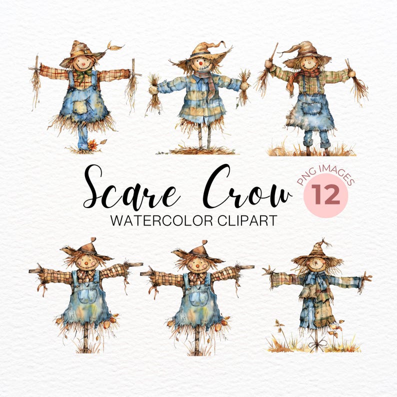 12 Scarecrow Watercolor Clipart, Cute Scarecrow Clipart, Printable ...