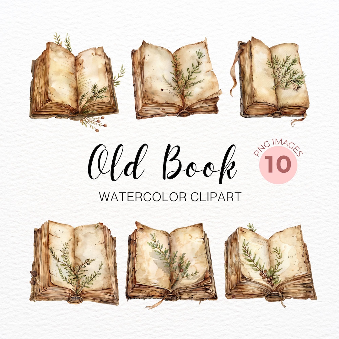 10 Old Book Clipart, Vintage Book Clipart, Printable Watercolor Clipart ...