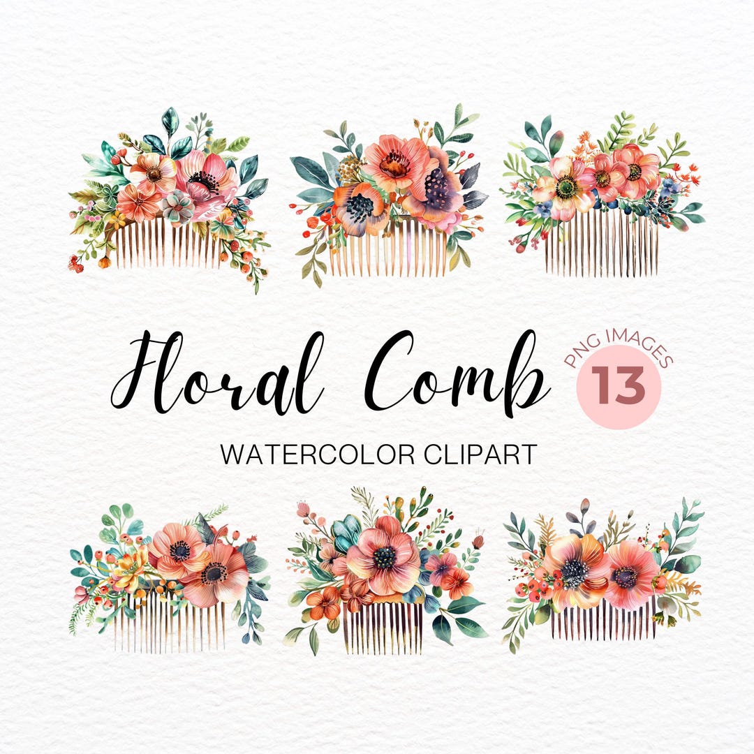 13 Floral Comb Clipart, Vintage Comb, Printable Watercolor Clipart ...