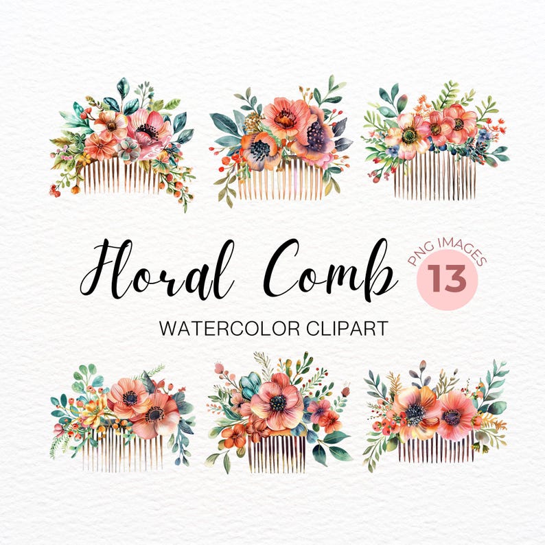13 Floral Comb Clipart, Vintage Comb, Printable Watercolor Clipart ...