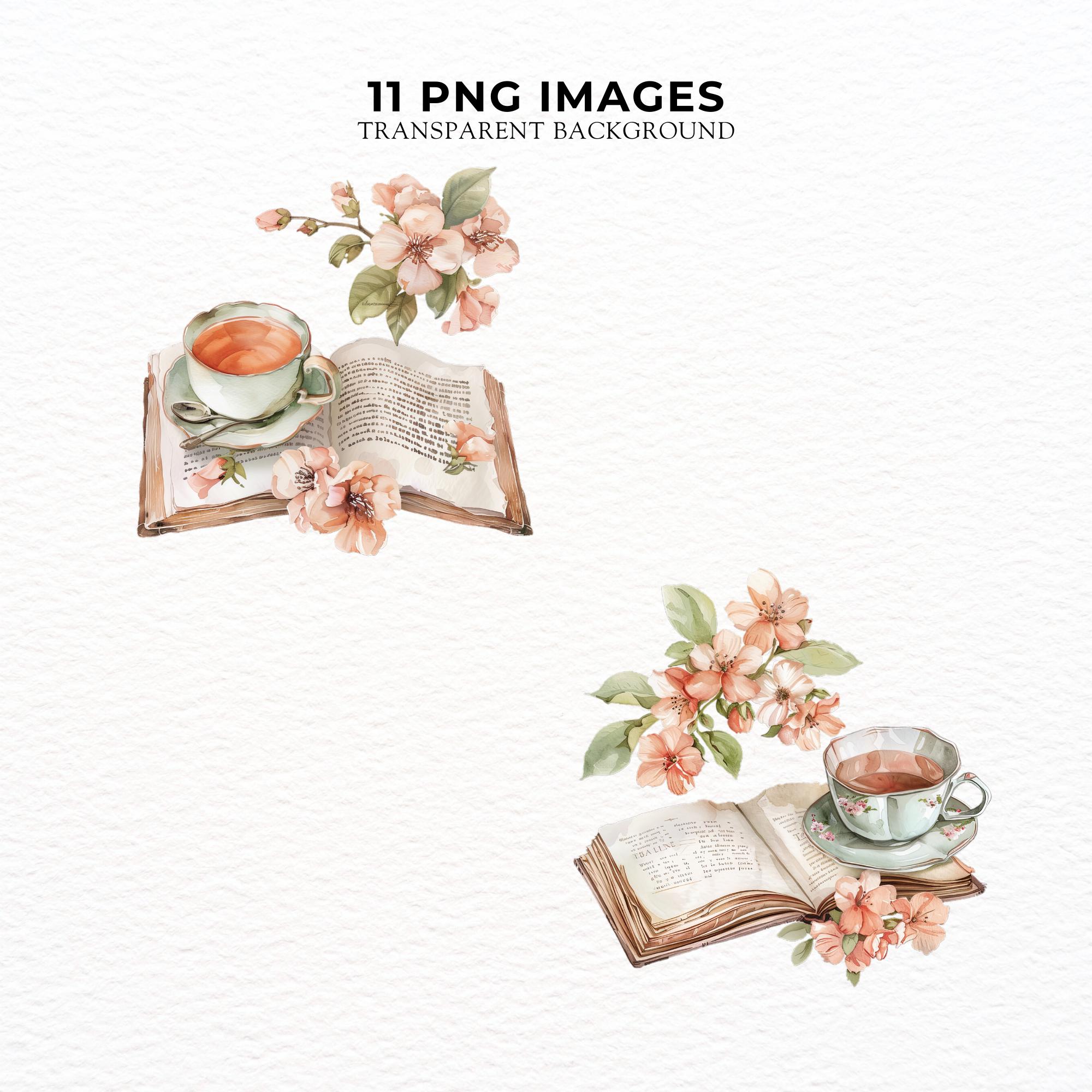 Books Tea Flowers Clipart, Books Tea Flowers, Printable Watercolor ...