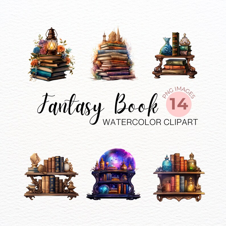 14 Watercolor Fantasy Books Clipart, Magical Book Clip Art, Vintage ...