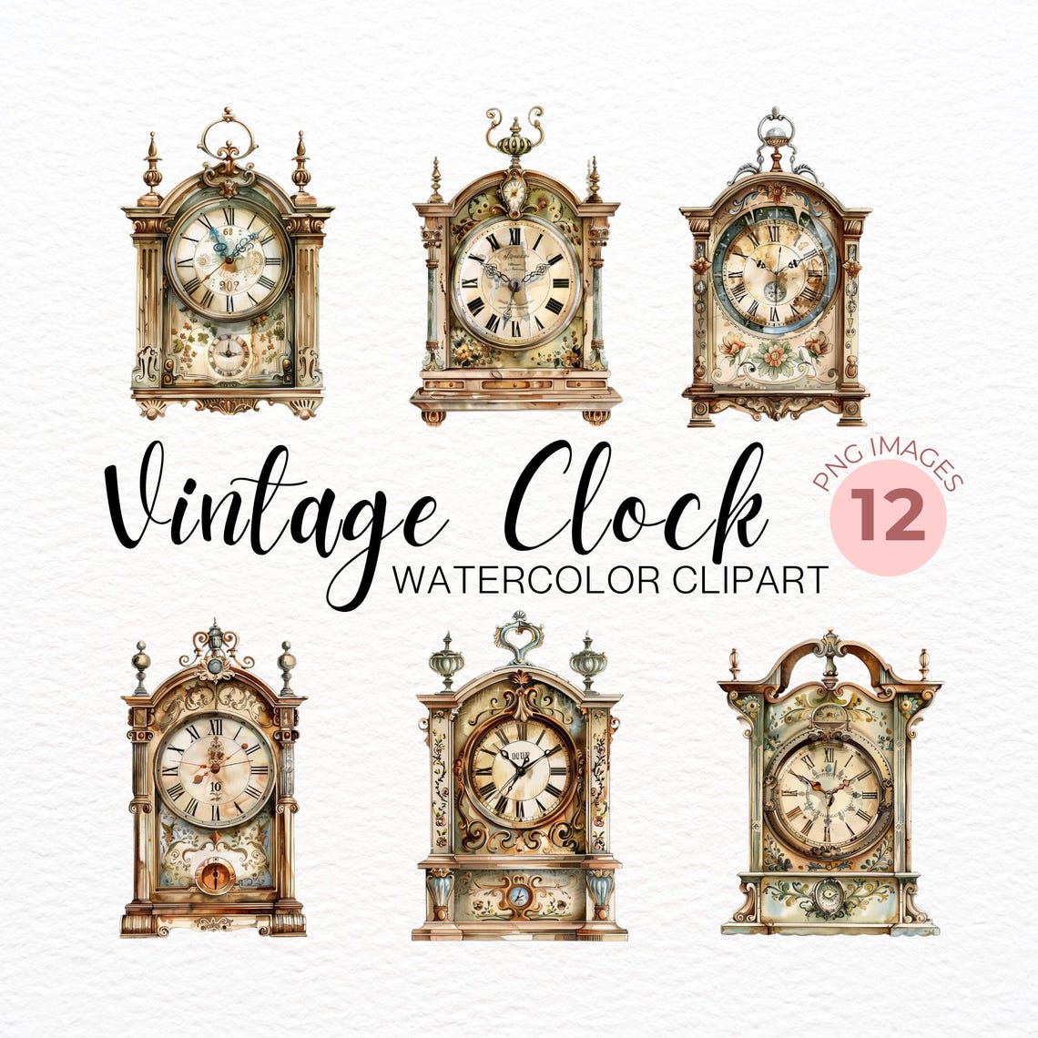 12 Vintage Clock Clipart, Vintage Clock, Printable Watercolor Clipart ...