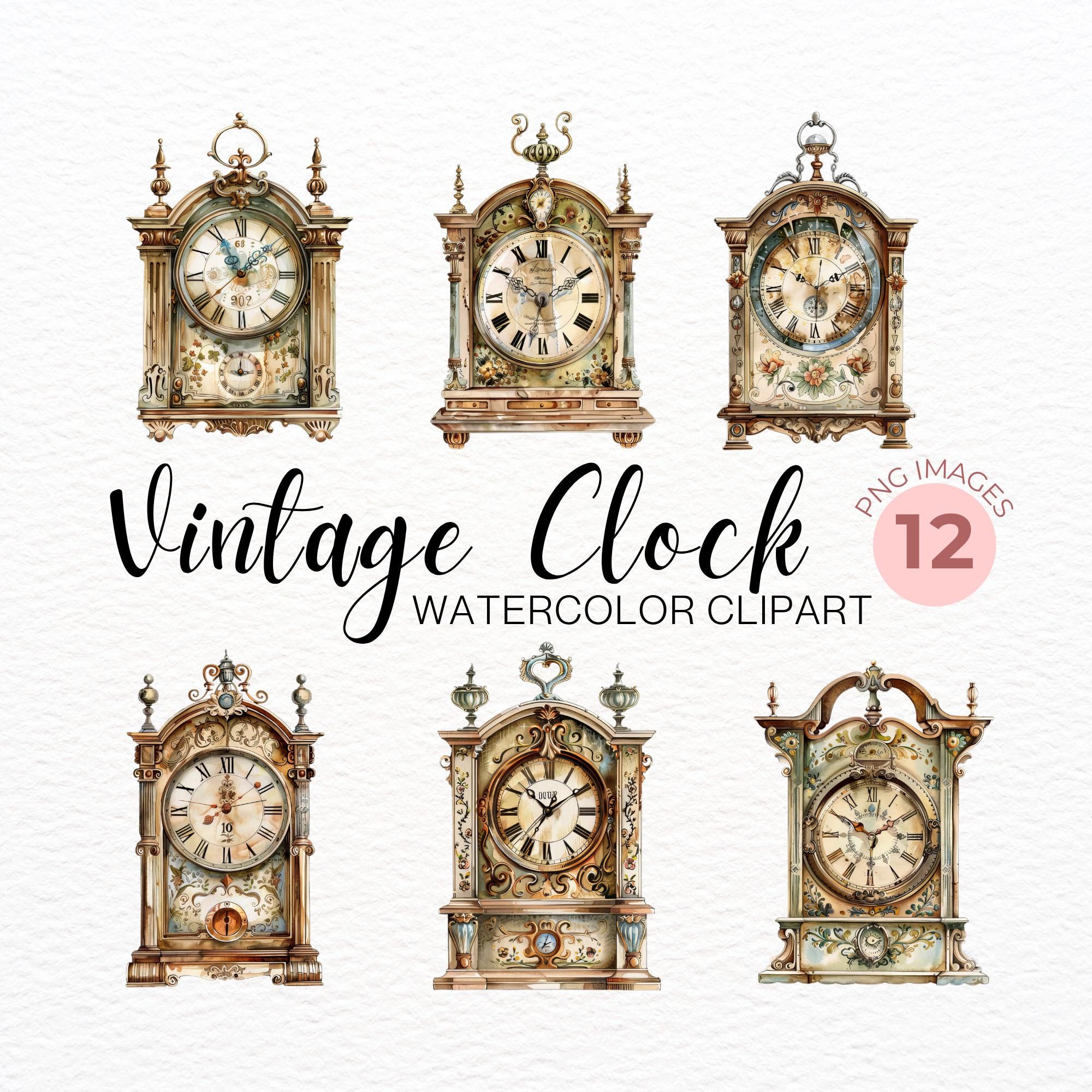 12 Vintage Clock Clipart, Vintage Clock, Printable Watercolor Clipart ...