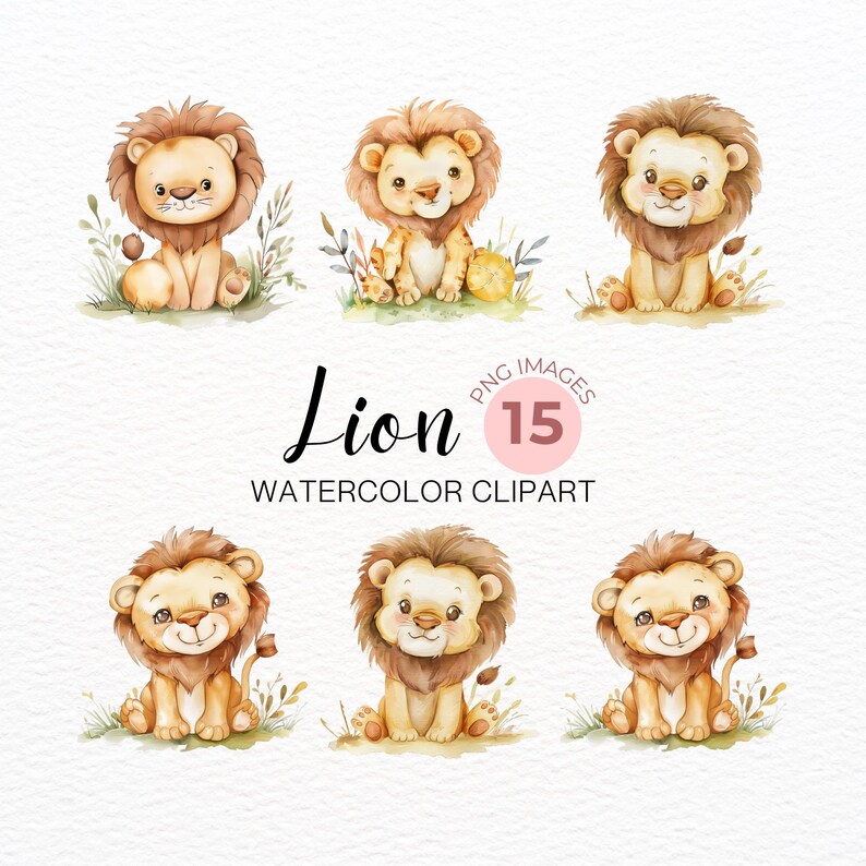 Baby Lion Watercolor Clipart - Cute Safari Animal, Printable Watercolor ...